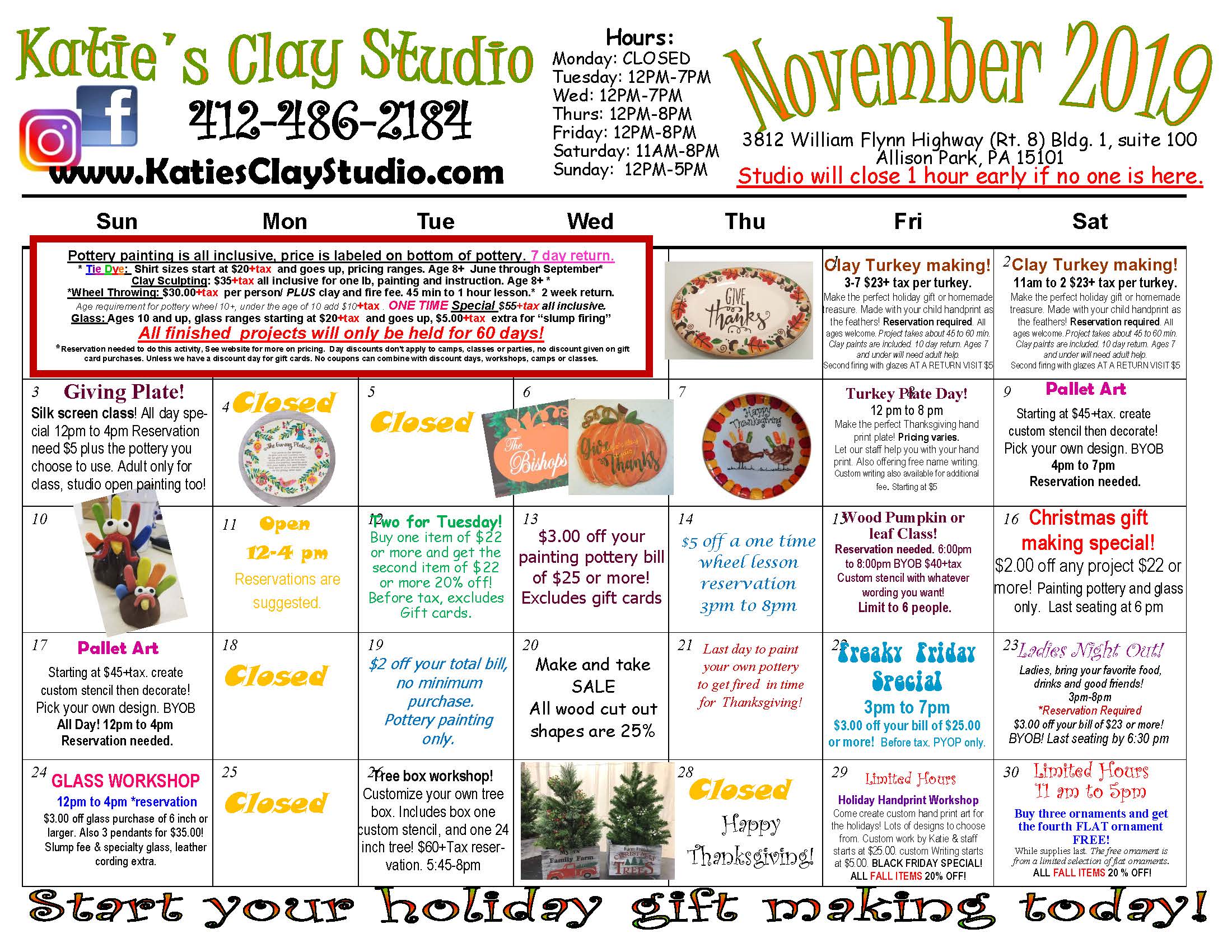 November Calendar 2019 - Katie's Clay Studio